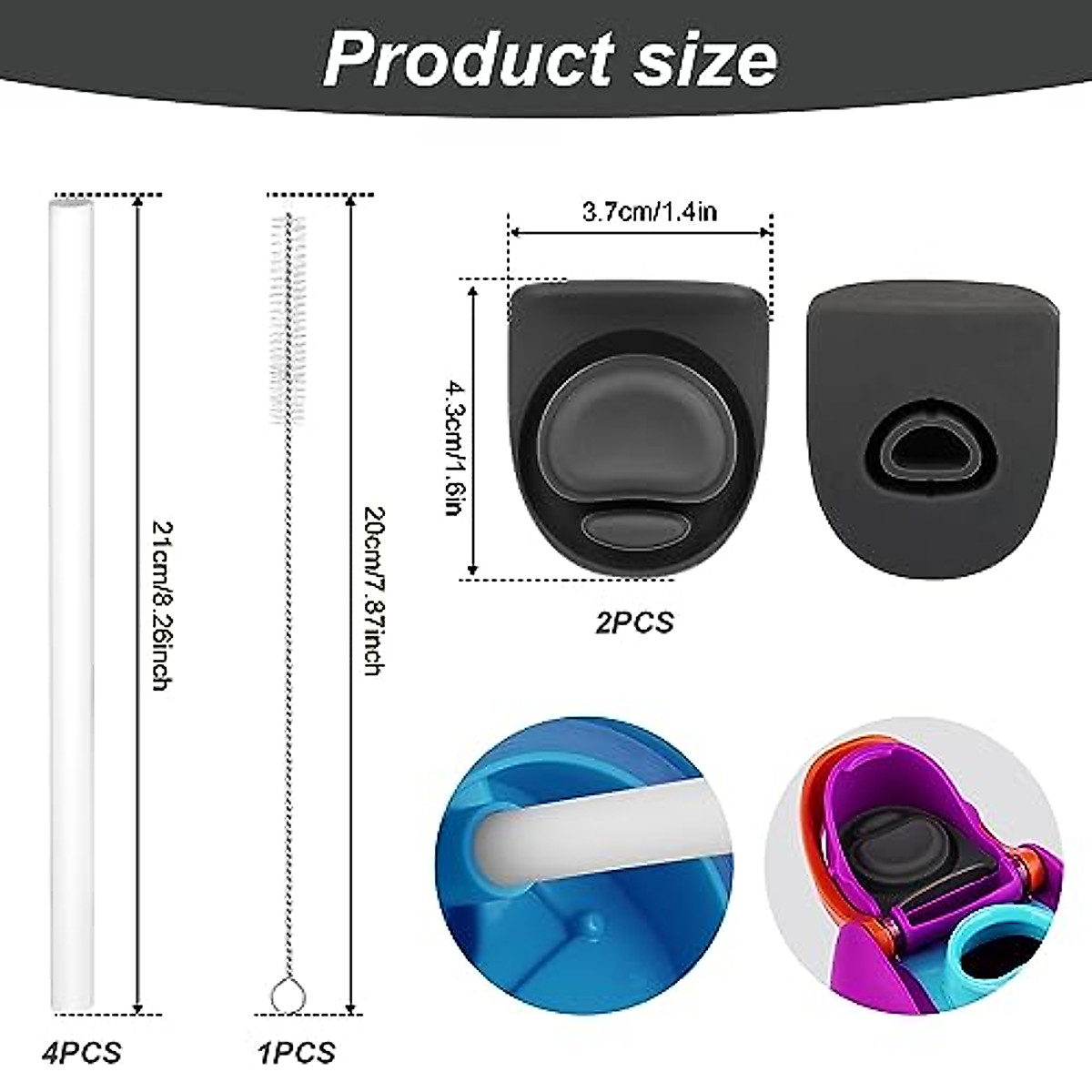 2pcs Replacement Stopper Compatible with Owala FreeSip 24oz 32oz, with 4pcs Straws & 1pcs Straw Cleaning Brush, Water Bottle Top Lid Replacement Parts Bottle Cap Seal Gasket Spill Proof Accessories