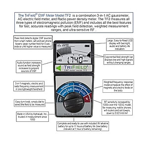 TriField EMF Meter Model TF2 – Detect All 3 Types of Electromagnetic Radiation in 1 Handheld Device: Radio (RF), Magnetic (MF) and Electric Fields - 5G, Cell Towers, WiFi, Bluetooth, and Smart Meters