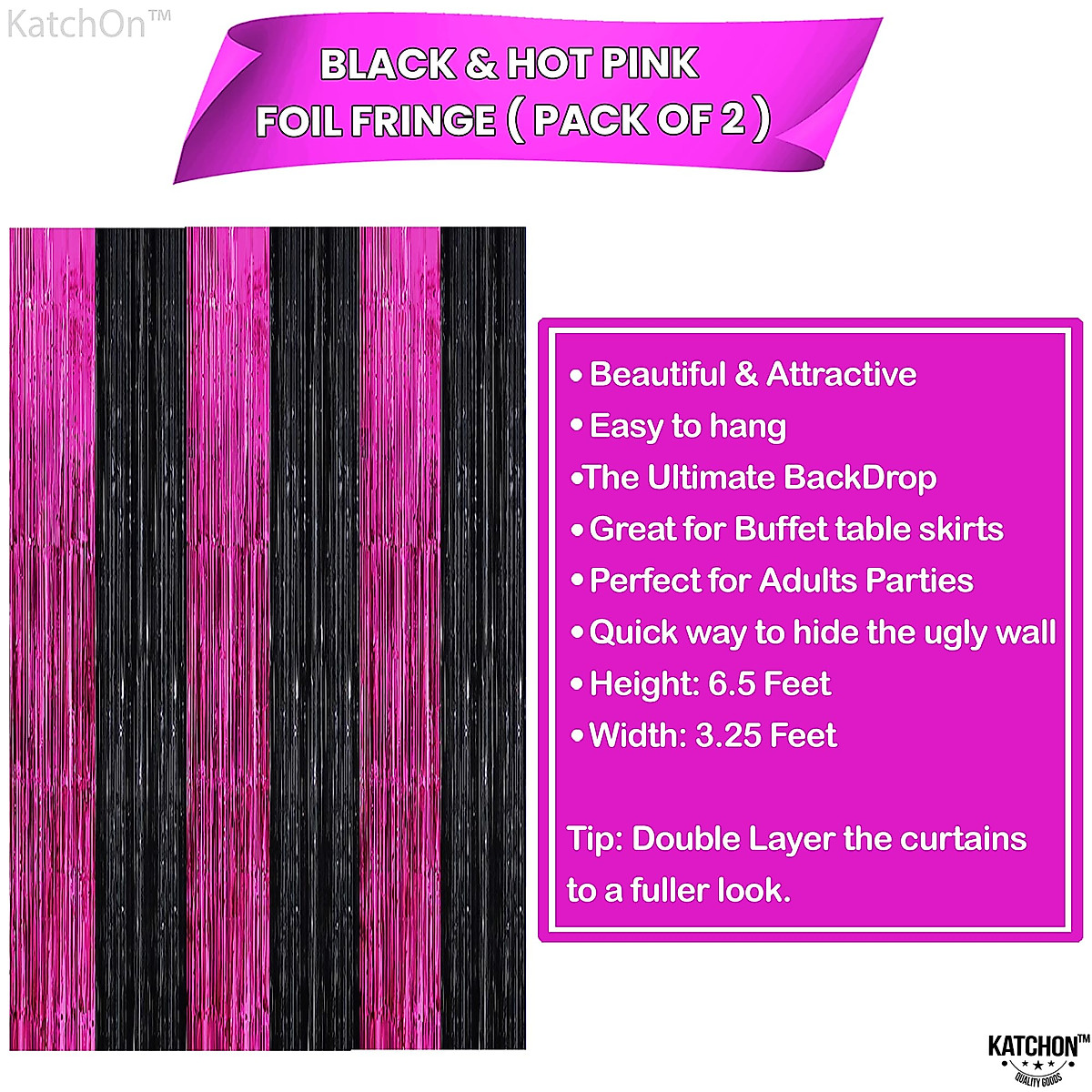 KatchOn, Pink and Black Foil Fringe Curtain - XtraLarge 3.2x6.5 Feet, Pack of 2 | Halloween Streamers, Pink Halloween Decorations | Halloween Backdrop Curtain, Pink and Black Birthday Decorations