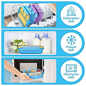 QQKO Bento Lunch Box for Kids Girls Boys, Toddler Kids Lunch Boxes for School, Lunch Containers for Adults Kids with 4 Compartments, Sauce Container, Utensils, Food Picks and Muffin Cups, Blue