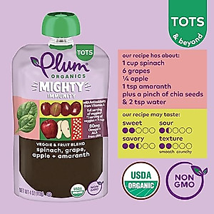 Plum Organics Mighty Veggie Blends Organic Baby Food Meals [12+ Months] Spinach, Grape, Apple & Amaranth 4 Ounce Pouch (Pack Of 6) Packaging May Vary
