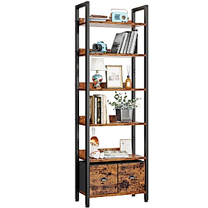 Furologee 6-Tier Bookshelf, Tall 71" Rustic Bookcase with 2 Drawers Storage Organizer, Industrial Display Free Standing Shelf Units, Wood and Metal Storage Rack for Home Office, Bedroom, Rustic Brown