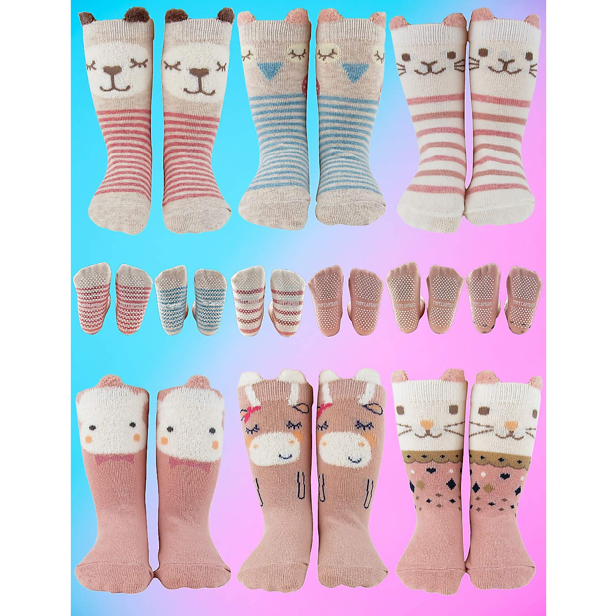 Tiny Captain Baby Toddler Girls Animal Grip Tube Socks Non/Slip Anti-Skid 1 Year Old Gift Ages 1-3 Socks(1-3 Year Old, Pink)