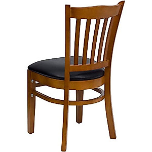 Flash Furniture 4 Pk. HERCULES Series Vertical Slat Back Cherry Wood Restaurant Chair - Black Vinyl Seat