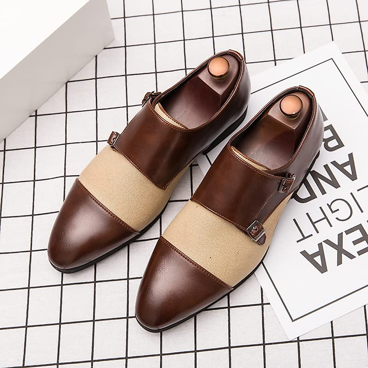 HuitJours Men Brown Double Monk Straps Slips on Dress Shoes Classic Loafers Two Tone Colors Buckle Shoes Zapatos de Vestir para Hombre