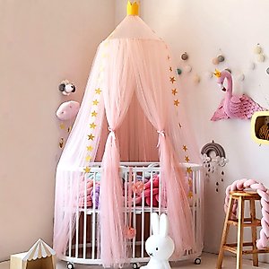Jolitac Princess Bed Canopy for Girls Room Decor Round Lace Mosquito Net Play Tent Reading Nook Canopies Yarn Girl Dome Netting Castle (Pink)