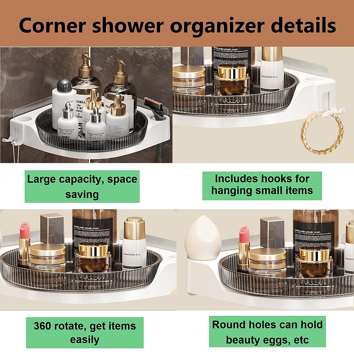 KOUHTIKA 360 Rotating Makeup Organizer Corner Spinning Bathroom Organizer 1 Pack Corner Shower Rack with Hooks for Perfume Lotion Skincare Organizer Countertop Kitchen Storage(Clear)
