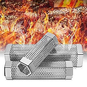 BBQ Outdoor Picnic Stainless Steel Smoked Pellet Tube, Camping Outing Barbecue Grilling Meat Flavor Bacon Smokey Accessories, 5/6/7 Inch Square Hexagonal Smoker Pipe for Hot/Cold Smoking (8 inch)