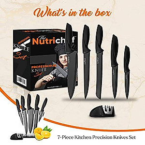 NutriChef 7 Piece Kitchen Knife Set - Stainless Steel Kitchen Precision Knives Set w/ 5 Knives & Bonus Sharpener, Acrylic Block Stand - Cutting Slicing, Chopping, Dicing NCKNS7X