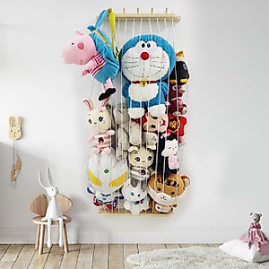 KSXLIUC Stuffed Animal Storage Wood Plush Toys Holder with Hooks, Length Adjustable Hanging Stuffed Animal Toy Organizer Shelf for Nursery Kid Room Play Room Bedroom