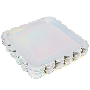Sparkle and Bash 48-Pack Holographic Silver Foil Square Paper Plates, Scalloped Edge (9 in)