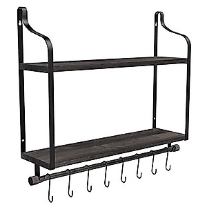 NEARPOW 2 Tier Wall Shelf Floating Shelves Wall Mounted, Pine Wood Industrial Shelves for Wall with Hooks and Towel Toilet Paper Holder, Storage Book Shelf for Pantry, Bathroom, Kitchen, Living Room