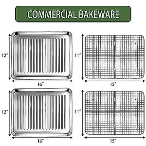Baking Sheet Tray with Cooling Rack Set (2 Pans + 2 Racks), Stainless Steel Cookie Pan with Cooling Rack For Oven, Nonstick Baking Pan, Warp Resistant & Heavy Duty & Rust Free, Size 16 x 12 x 1 Inches