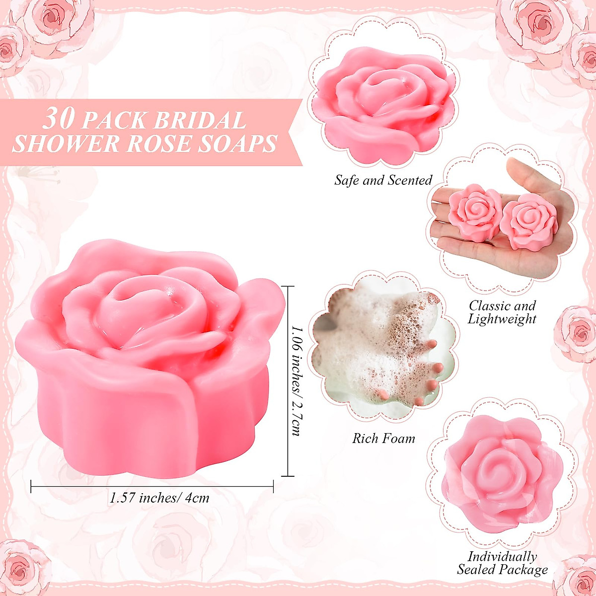 Heigble 30 Sets Bridal Shower Favors for Guests Mini Soap Rose Flower Petals Pink Handmade Floral Scented Bath Soap with Thank You Cards and Organza Bags Wedding Favors for Bridesmaids Guests