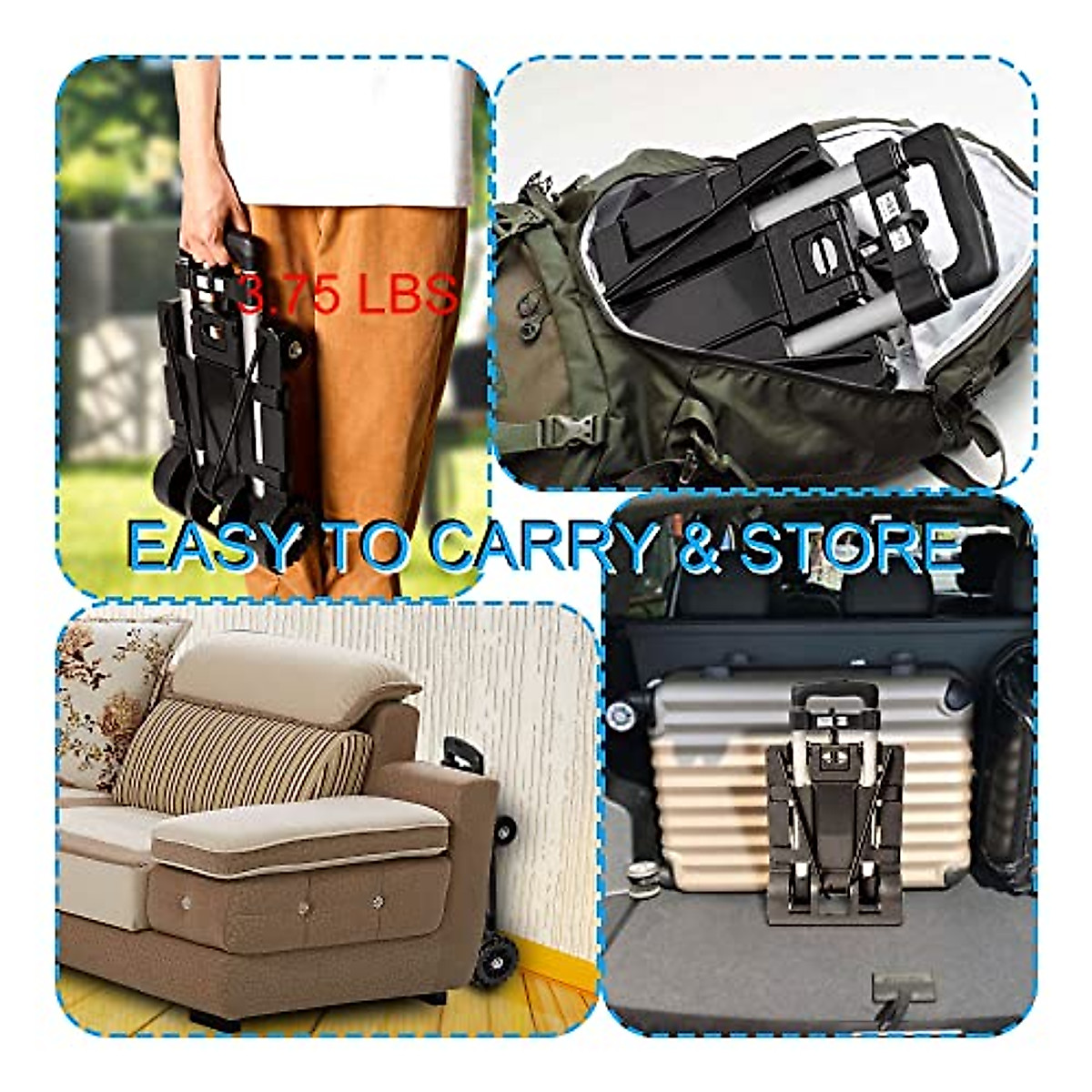 Folding Luggage Cart Portable Dolly Collapsible Hand Truck Lightweight Hand Cart Compact Utility Cart with Heavy Duty 4 Wheels Solid Construction Adjustable Handle for Moving, Travel and Shopping Use