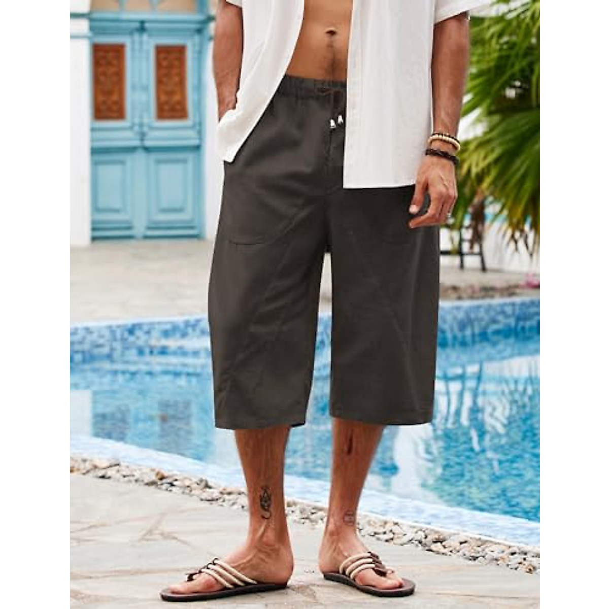 COOFANDY Capri Pants for Men Casual Cotton Linen Pants Elastic Baggy Capri Trousers Harem Capris, Dark Gray, XL