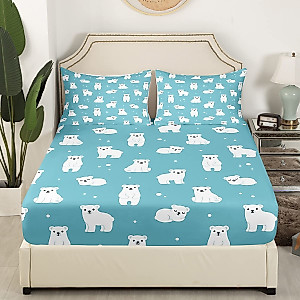 Erosebridal Polar Bear Sheet Set Twin Size White Bear Bed Sheets Animal Pattern Bear Printed Fitted Sheet Soft Microfiber Luxury Style Flat Sheet for Teens Kids Blue Animal Decor,Soft Cozy
