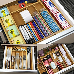 Diosbles 6 Pack Bamboo Drawer Dividers Expandable(2.36" High, 13.86"-18.98") and Bamboo Expandable Silverware Organizer