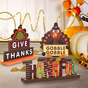 Thanksgiving Centerpieces for Tables Decorations, 4 Pack Wooden Pumpkin Turkey Thankful Blessed Decorative Signs, Harvest Autumn Fall Decor for Home Indoor Party Farmhouse Office Desk Fireplace