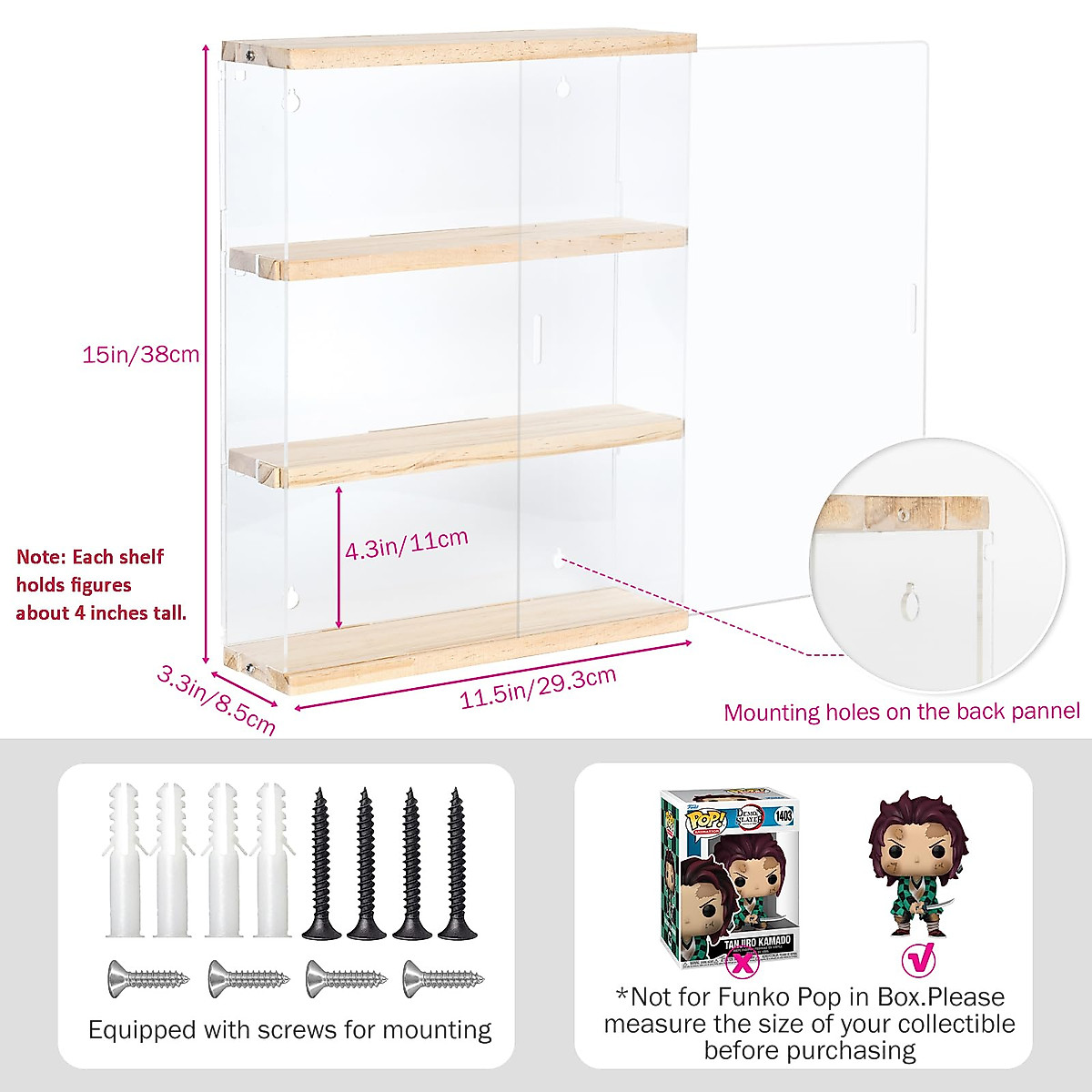 Nynelly 3-Layer Acrylic Display Case, Wall Mounted Display Box Countertop Cabinet for Collectible, Clear Display Case with Door for Mini Funko Pop, Action Figure, 11.5" L x 3.3" W x 15" H,Walnut