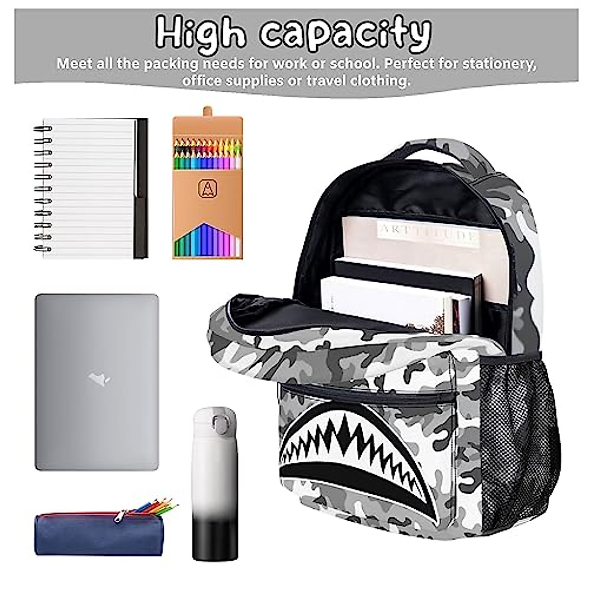 Cbntnaf Shark Camo Backpack for Women Men, Gray Camo Shark Teeth Print Bookbag for Boys Girls, Large Capacity Lightweight Backpack for School Work Camping Hiking