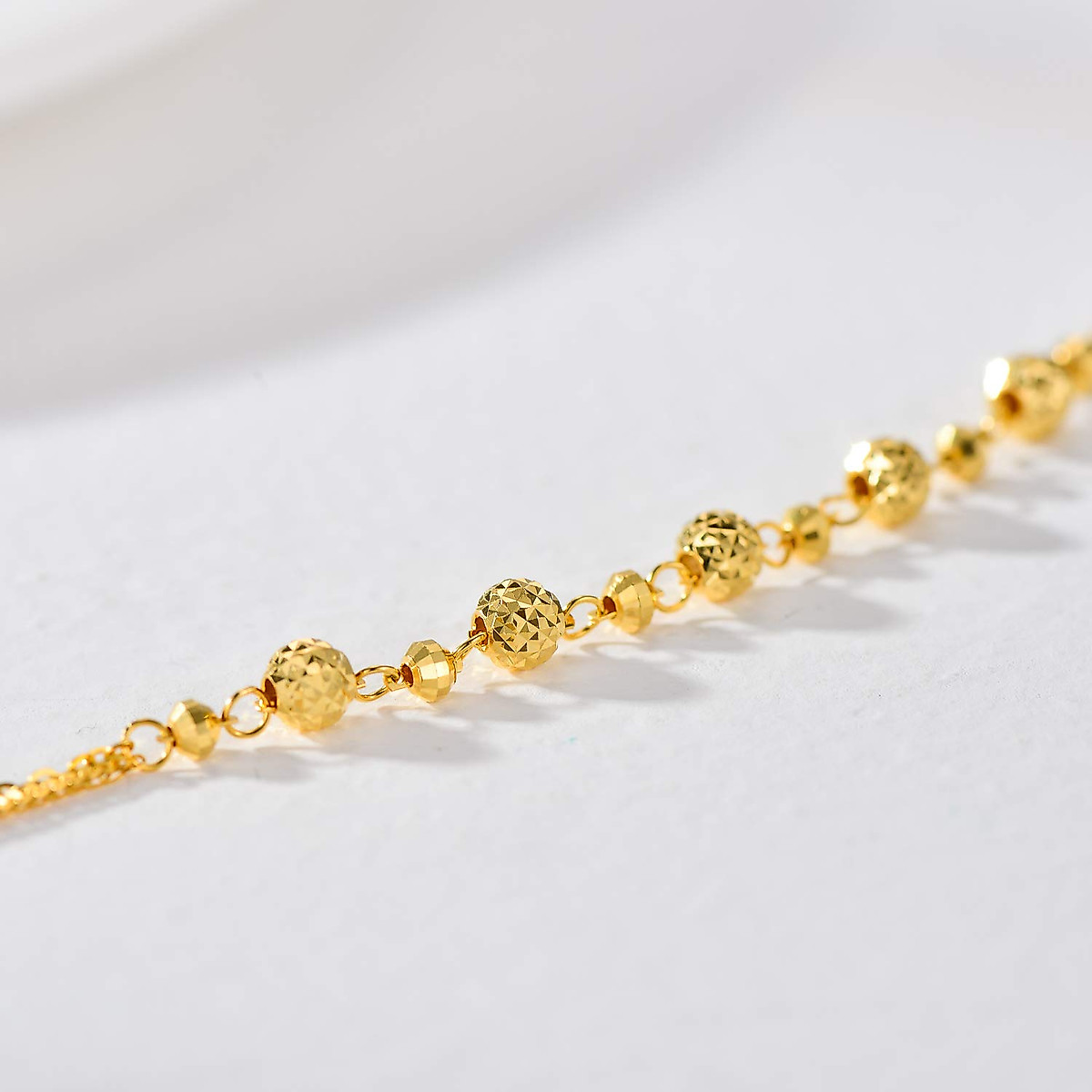 18K Yellow Gold Ball Bracelet Jewelry Gift for Women, Dainty Real Gold Italian Double Chain Bracelets Fine Jewelry Gift for Her, Wife, Girlfriend 6.5"+1"