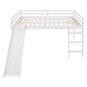 Harper & Bright Designs Full Size Loft Bed with Slide, Solid Wood Low Loft Bed Frame for Kids Girls Boys, Easy Assembly (White)