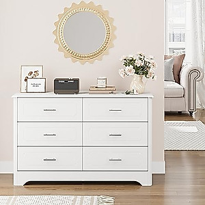 HOSATCK 6 Drawer Dresser, Modern White Wide Chest of Drawers with Metal Handels, Wood Double Dresser, Storage Chest Organizers for Living Room, Hallway, Entryway, White