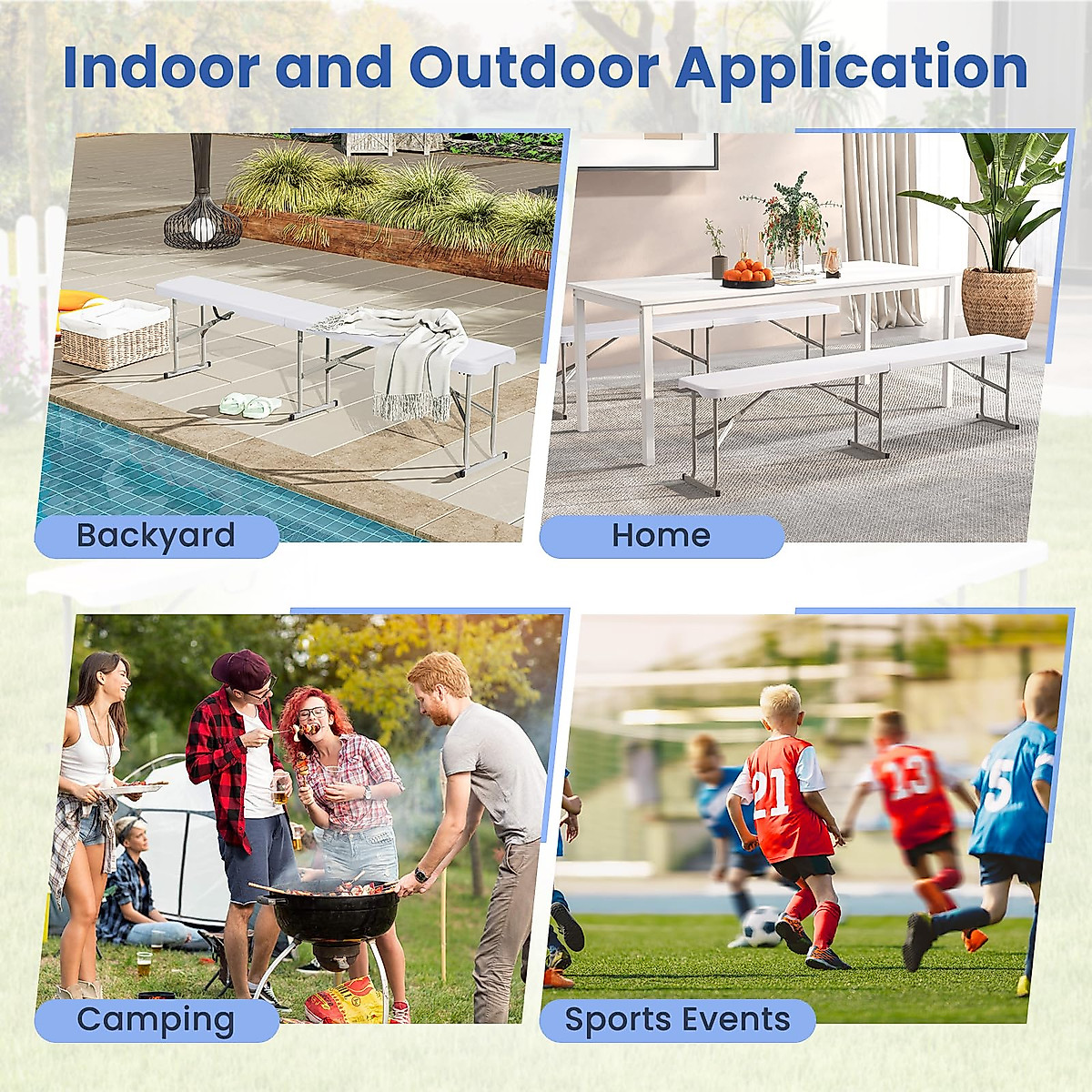 Tangkula 6 FT Plastic Folding Bench, Foldable Bench Seat with Carry Handle, Non-Slip Mat, Indoor & Outdoor HDPE Portable Outdoor Bench for Soccer Sports Picnic Camping, White