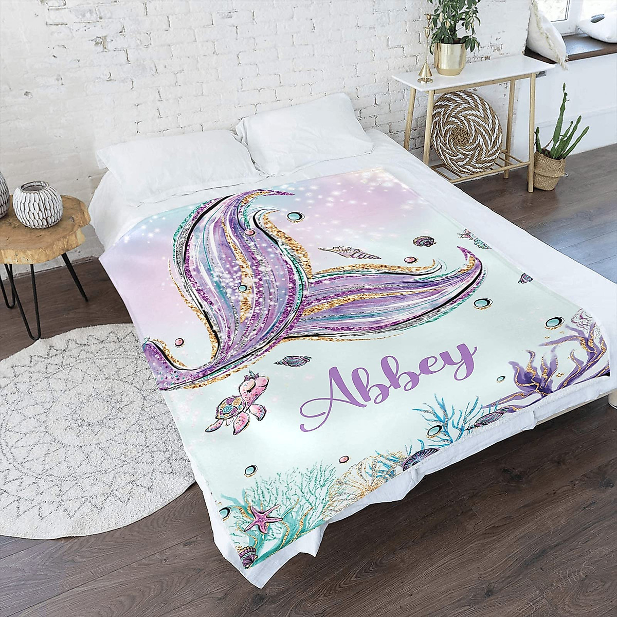 XOZOTY Print Mermaid Tail Purple Personalized Baby Blanket Swaddling with Name Nursery Fleece Throw Blankets for Newborns Boys Girls Kids Pet 30 X 40 Inch