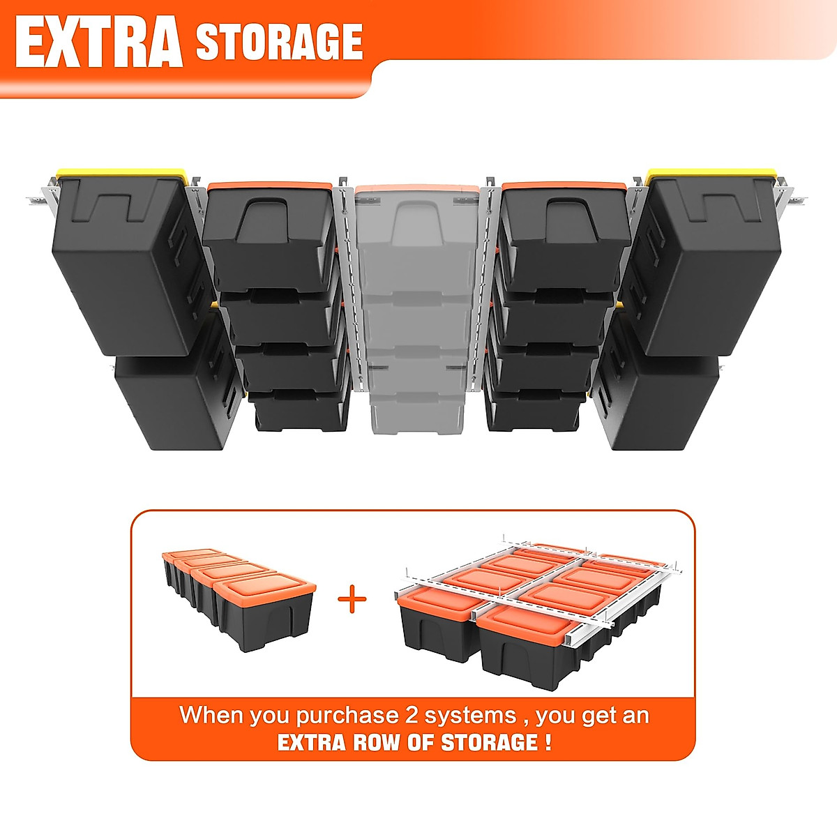 TORACK Garage Ceiling Bin Storage Rack, Overhead Tote Storage Rail System Heavy Duty Adjustable Tote Slide Garage Storage System(Black, Bins are not included)