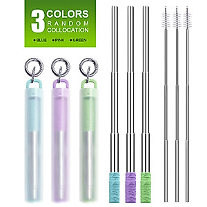 LOIVFET Metal Straws 3 Pack Reusable Collapsible Stainless Steel Straw Portable Telescopic Straws Drinking Easy to Clean with Silicone Tips,Travel Case,Keychain,Cleaner Brush(Green & Blue & Purple)