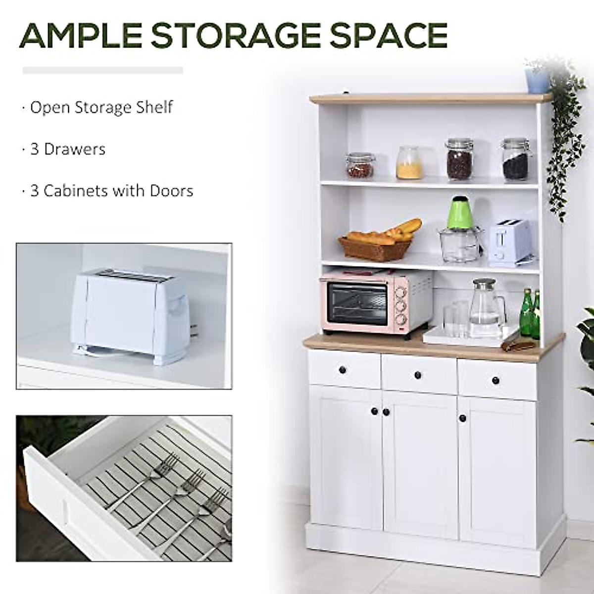 HOMCOM 71" Buffet with Hutch, Kitchen Pantry Cabinet, Bookcase with Drawers & Shelves for Living Room, White