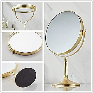 HIHIA Brushed Gold Makeup Mirror Tabletop, Double-Side 1X-10X, Freestanding 360 Swivel Cosmetic Vanity Mirror for Table Desk, Made of Copper， No Light Brushed Gold (8 Inch, 10X)