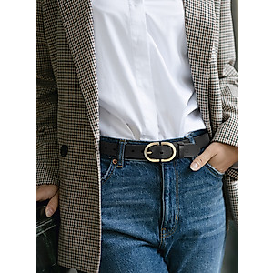 CR Womens Black Leather Belts for Jeans Pants - 1.3" Width Casual Ladies Belt - Fashion Center Bar Gold Buckle