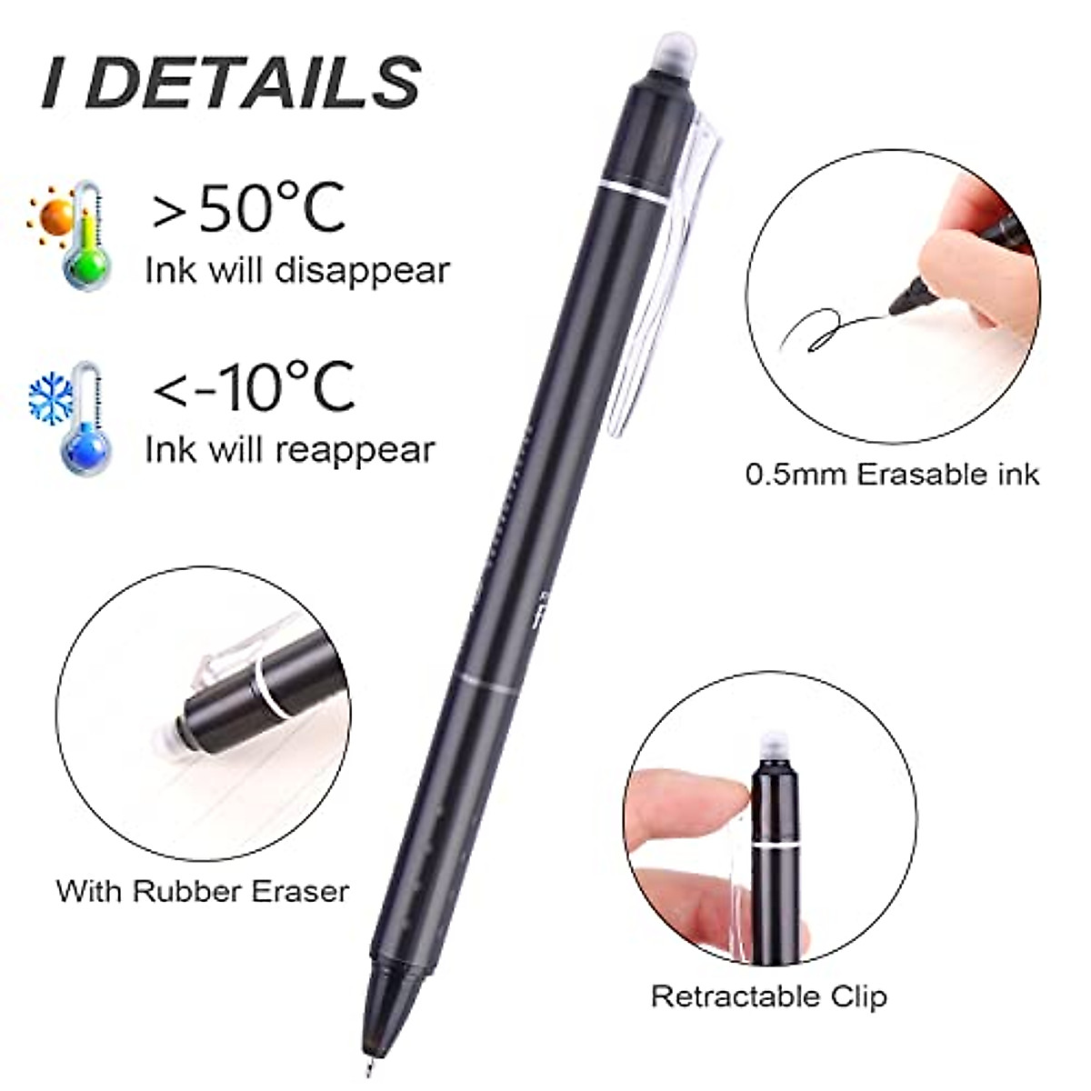 cobee® Erasable Gel Pens, 12 Pieces 0.5mm Retractable Eraser Rollerball Pen Black Ink Erasable Pen Mistakes Disappear Fine Point Pen Writing Planner Drawing School Supplies(Black)