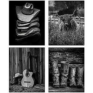 NIIO Western Cowboy Wall Art, Highland Cow Print, Boots Straw Hat and Longhorn Decor Vintage Farmhouse Canvas for Men's Bedroom, Set of 4(8inx10in, Unframed)