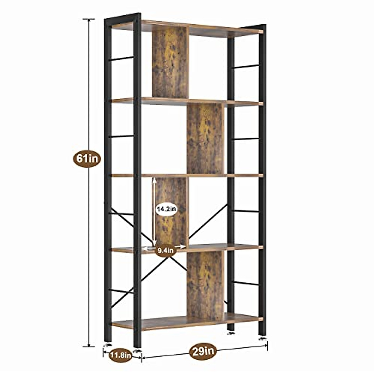 VECELO Home Office 5-Tier Bookshelf and Chair Set, Industrial Book Shelf with Ergonomic Lumbar PU Padded Chairs for Task Work, Black and Brown