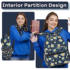 Junong 17 Inch Daisy Backpack for Women Fashion Laptop Flower Backpack Cute Travel Bag Women College Floral Backpack (Navy Blue)