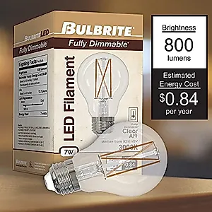 Bulbrite Pack of (2) 8.5 Watt Dimmable Clear Filament A19 Medium (E26) LED Bulb - 850 Lumens, 3000K, and 90 CRI