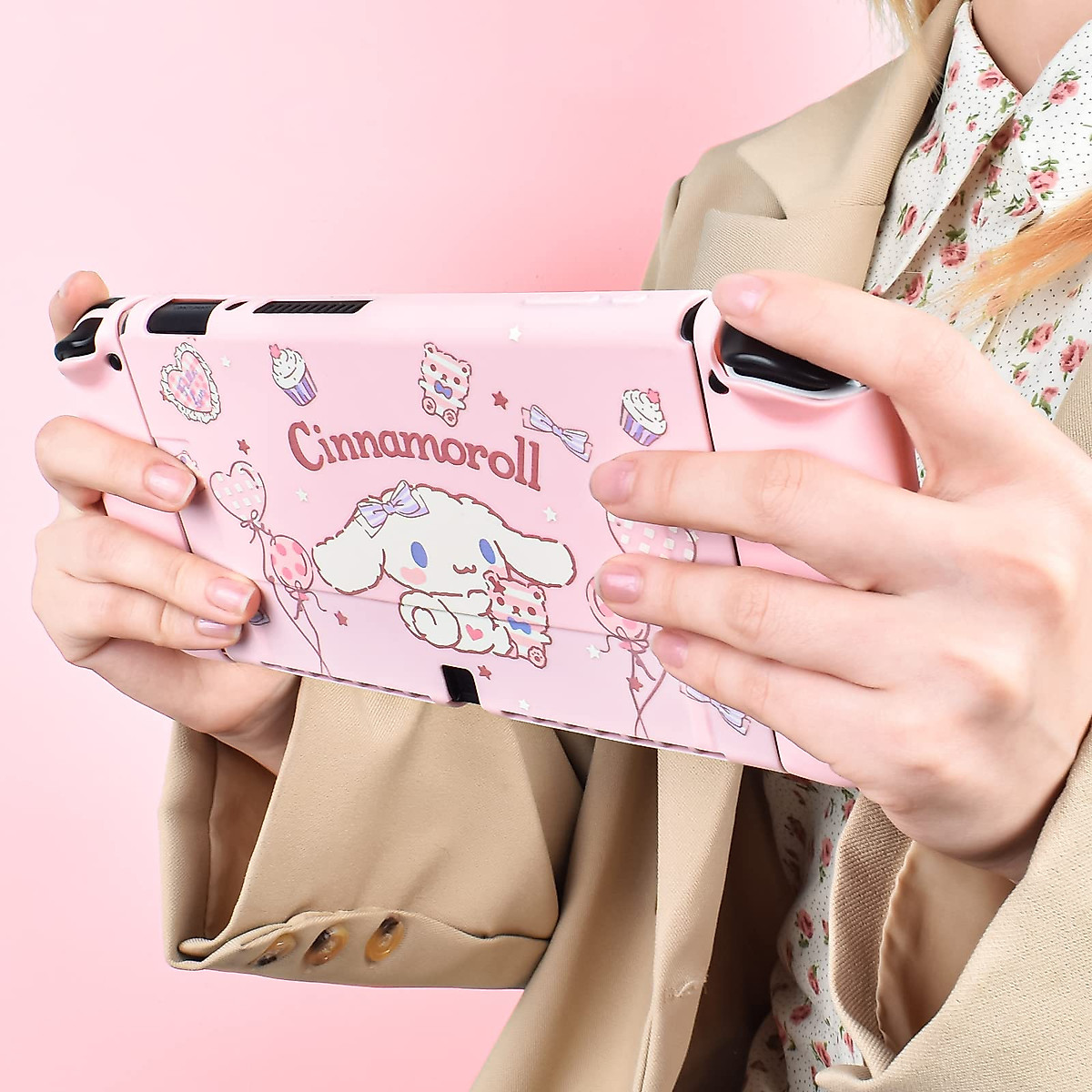 DLseego Cute Dog Switch OLED Protective Case Silicone Soft Cover Shockproof Pink Skin Joy Con Shell with 4PC Cat Claw Thumb Grips Caps