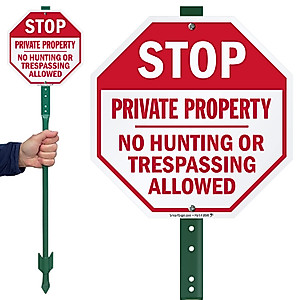 SmartSign 10 x 10 inch “Stop - Private Property, No Hunting Or Trespassing Allowed” LawnBoss Yard Sign with 3 foot Stake, 40 mil Laminated Rustproof Aluminum, Red and White, Set of 1, Made in USA