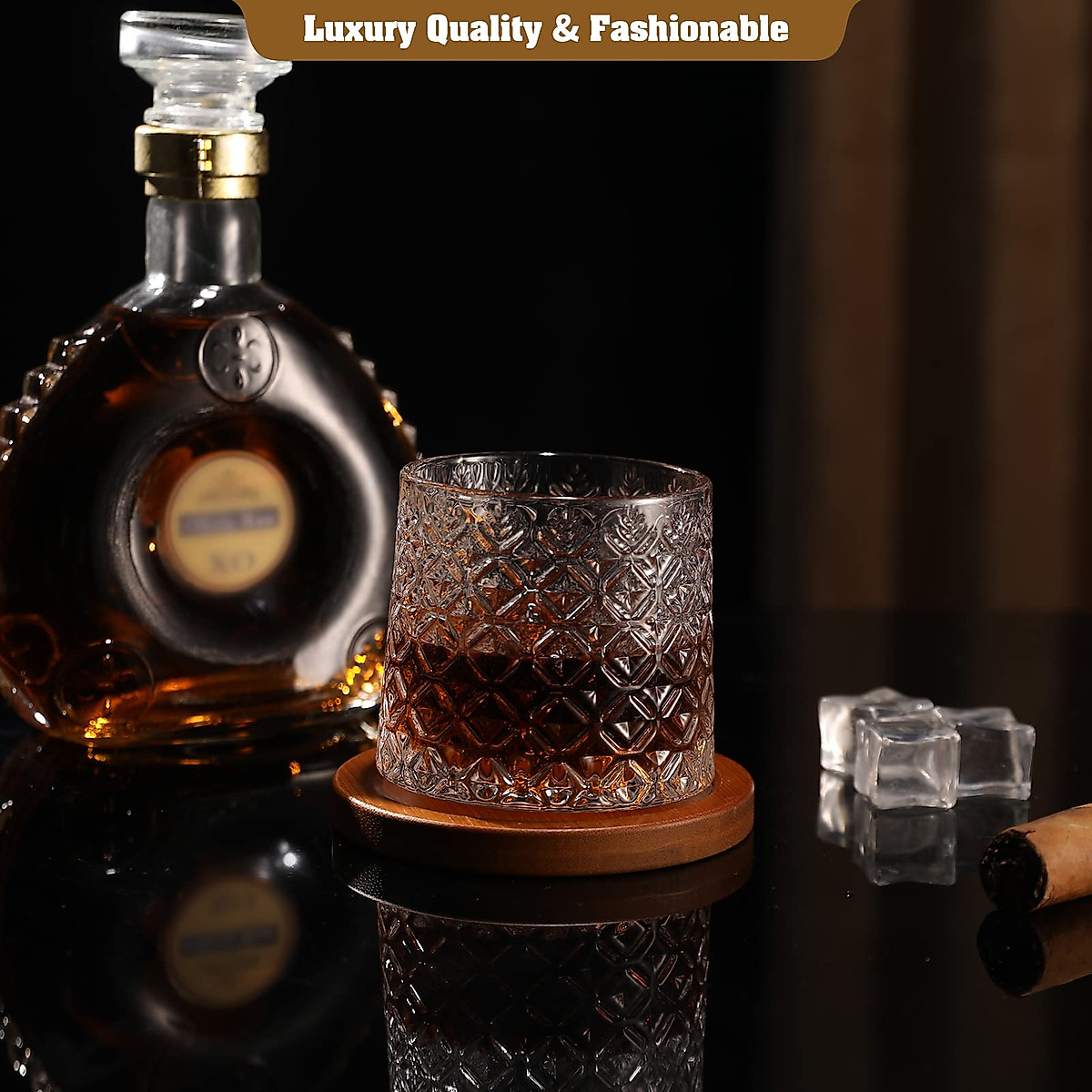 Crystal Whiskey glasses set of 2,Rotatable -10 Oz old fashioned whiskey glasses,bar whiskey glasses,style glassware for bourbon,perfect Idea for scotch lovers,glasses for scotch, rum,Ice flower