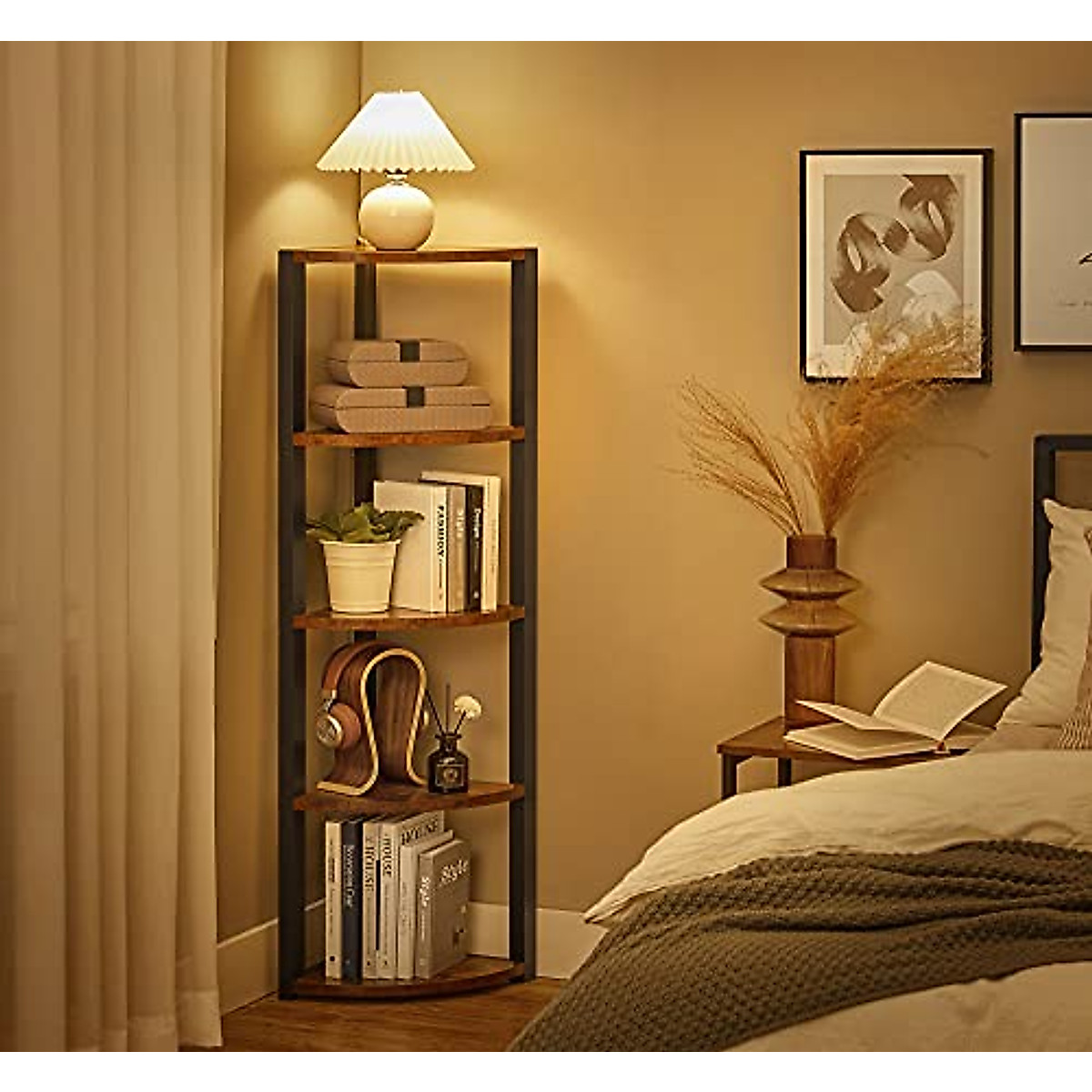 VASAGLE 5 Tier Corner Shelf Stand, Corner Bookshelf, Tall Corner Storage Shelves, Industrial Rack Plant Stand for Living Room, Bedroom, Home Office, Rustic Brown and Black ULLS801B01