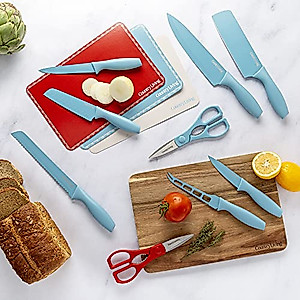 Country Living 20-Piece Kitchen Knife Quality Stainless-Steel Blades with Guards, Complete Set includes Knives, Shears, Acacia Cutting Board and Flexible Chopping Mats, Blue