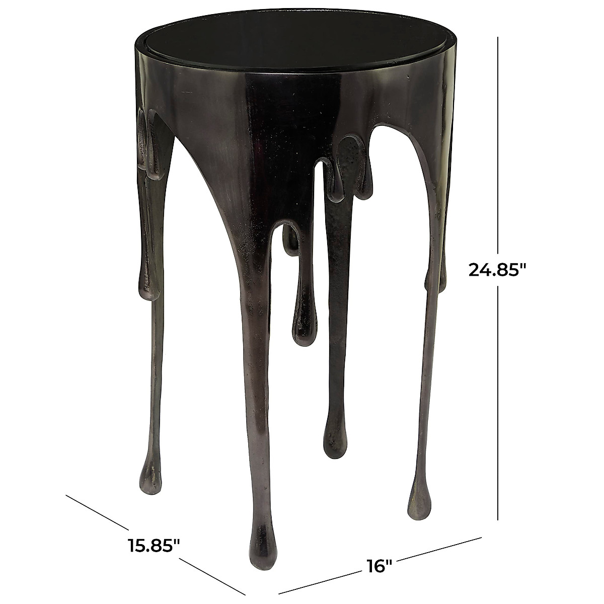 Deco 79 Aluminum Drip Accent Table with Melting Designed Legs and Shaded Glass Top, 16" x 16" x 25", Black
