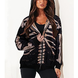 ASTANFY Skeleton Oversized Zip Up Hoodie Women Halloween Skull Sweashirt Y2k Skull Sweashirt Fall Streetwears Pullover Tops