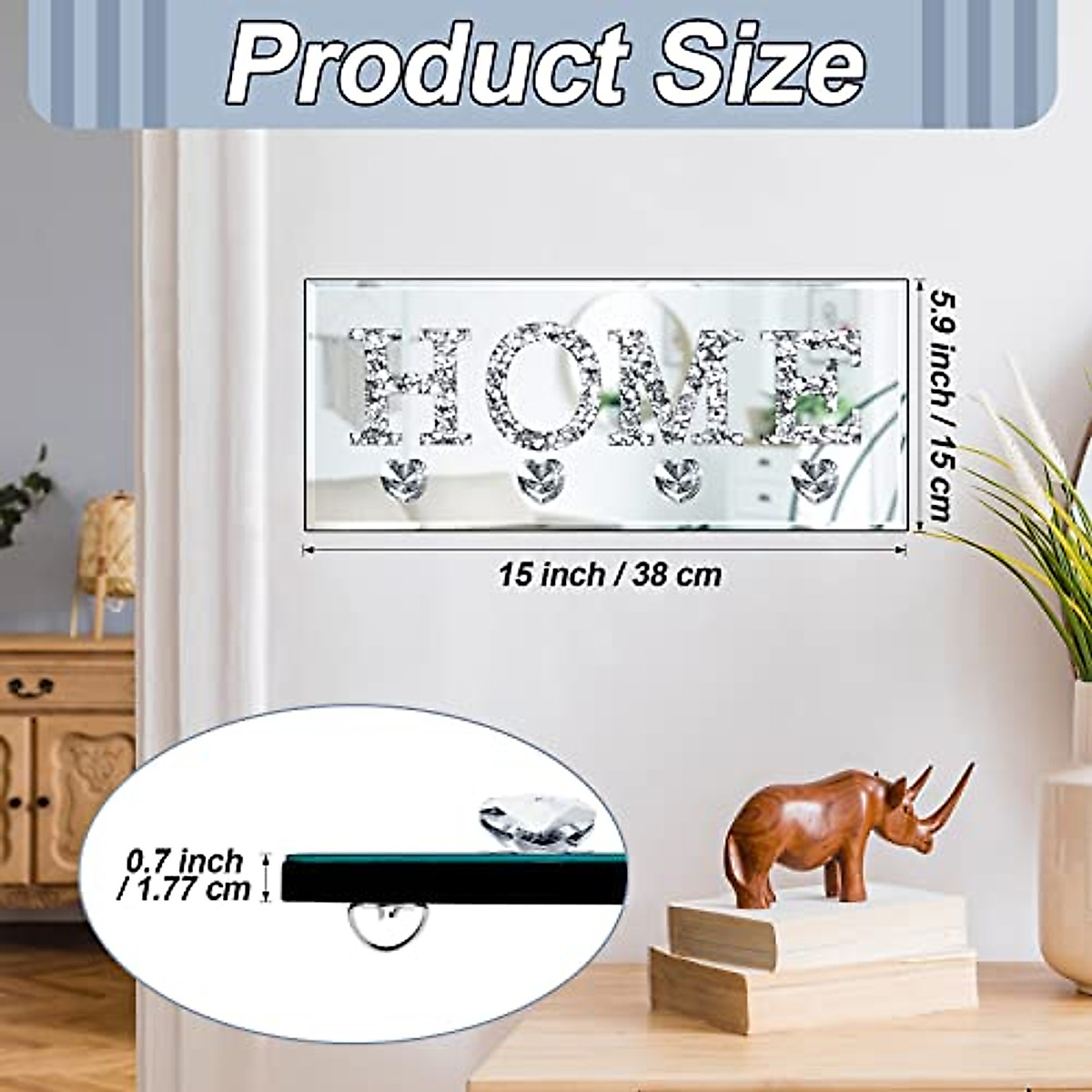 Yalikop Crush Diamond Mirrored Home Letter Plaque Sign Wall Mounted Key Holder Clear Heart Shape Hooks Key Hanger Christmas Gift for Wall Door Bookshelf Decorative