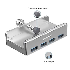 USB Hub 3.0 - Rekidm 4 Port Aluminum Desk USB Hub 3.0 Clamp Design for Desktop, Computer, PC, Table Edge with Durable Adjustable Clip, Space-saving Mountable USB Hub Fast Speed Transfer