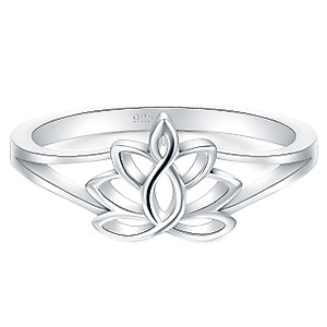 BORUO 925 Sterling Silver Ring, Lotus Flower Yoga High Polish Tarnish Resistant Comfort Fit Wedding Band 2mm Ring Size 8